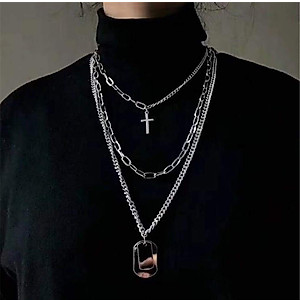 Gmhkonw Pendant Necklace Statement Long Chain Punk Multilayer Choker Necklace for Women Men