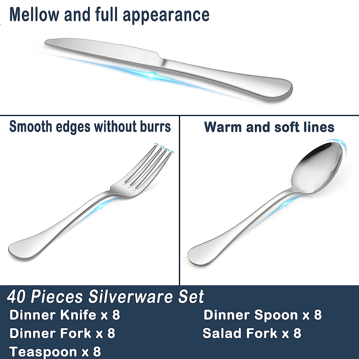 HaWare Silverware Set, 40-Piece 18/10 Stainless Steel Flatware Set Service for 8, Luxury Cutlery Set with Ultra Sharp Serrated Knife, Modern Eating Utensil Include Knife Fork Spoon, Dishwasher Safe