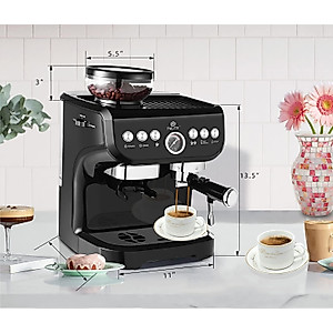 TWLITE 𝐄𝐬𝐩𝐫𝐞𝐬𝐬𝐨 𝐌𝐚𝐜𝐡𝐢𝐧𝐞 𝐰𝐢𝐭𝐡 𝐆𝐫𝐢𝐧𝐝𝐞𝐫, Professional Espresso Maker with Milk Frother Steam Wand, 15 Bar Barista Cappuccino Machine