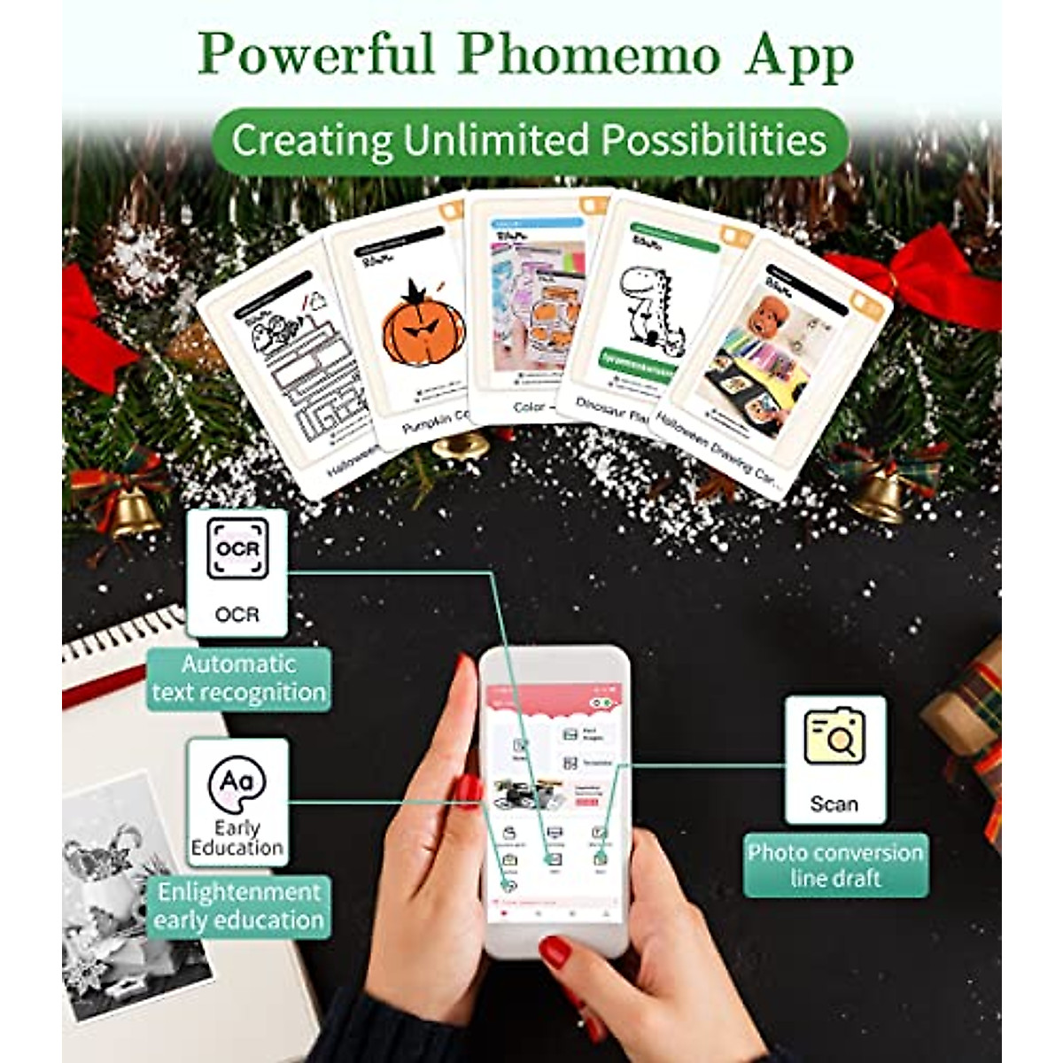 Phomemo Sticker Printer - M02 Mini Photo Printer, Bluetooth Portable Thermal Instant Sticker Maker, for iOS + Android, for Photo, Learning, Journal, Study Note, Christmas, Good Gift (Ice Cream Green)