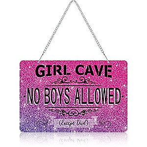 Hotop Girl Cave Metal Sign Funny No Boys Allowed Except Dad Sign Girl Room Wall Door Sign Decor with Chain for Teen Girls Daughter Bedroom Door Wall Decoration, 12 x 8 Inch