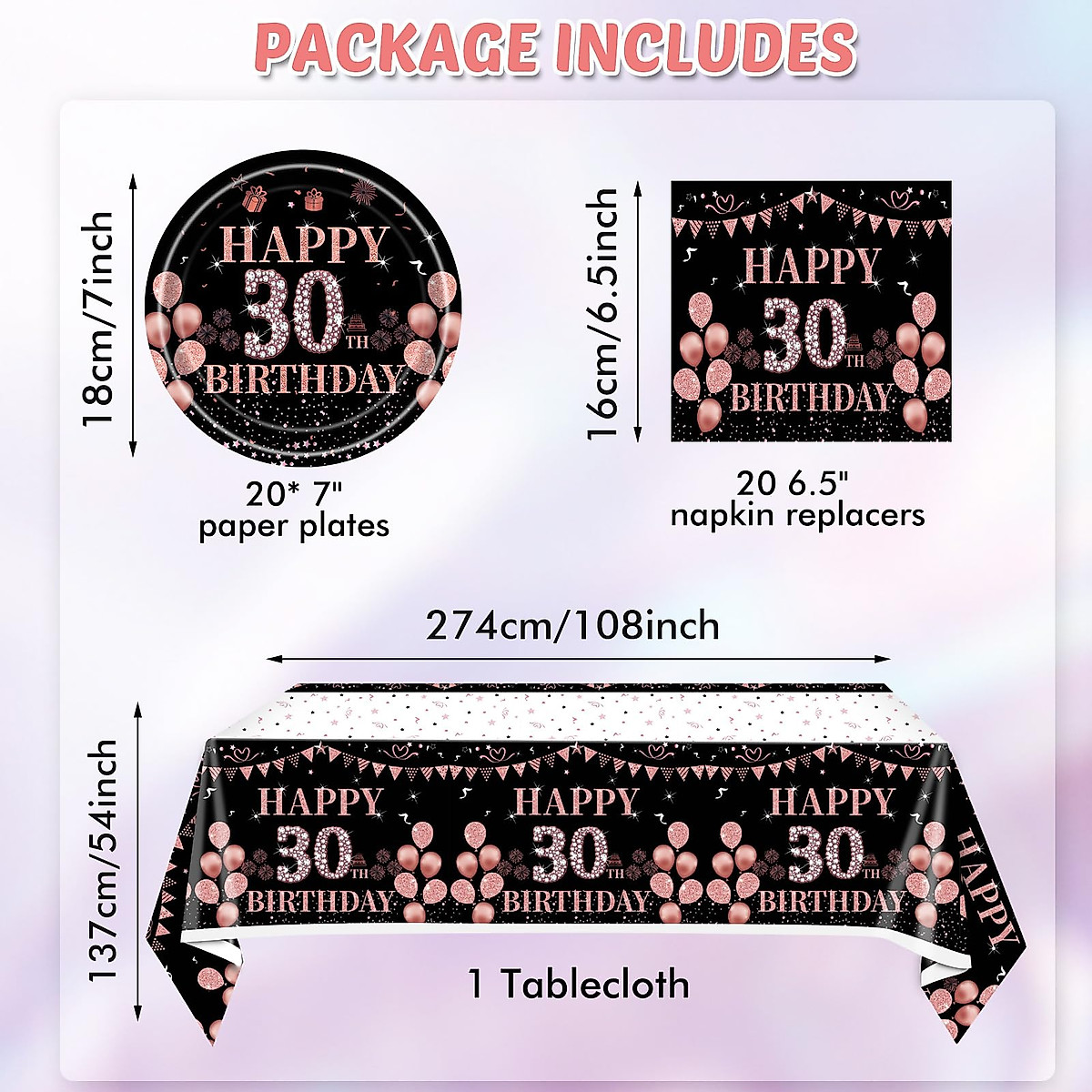 41PCS 30th Birthday Decorations for Women Black and Rose Gold 1995 Birthday Supplies Include Happy 30th Birthday Plates Napkins Tablecloths 30th birthday themes For Girls Women