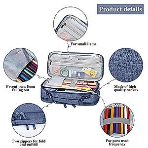 GUSEN Big Capacity Pencil Case Stationery Storage Pen Pouch Bag Double Zipper Multiple Compartments Organizer Cosmetic Portable High School Organizer College Student Teen Adult Boy Girl-Denim Blue