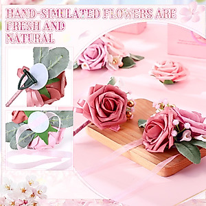 Ceenna Rose Flower Wrist Corsage Boutonniere Set Handmade Floral Wristlet Band Bracelet Bridegroom Men's Boutonniere Wedding Wristlet Hand Flower for Prom Party Bouquets, Dark Pink(Stylish, 48 Pcs)