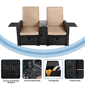 VUYUYU 5PCS Outdoor Wicker Chaise Lounge Chair - Rattan Adjustable Reclining Patio Lounge Chair with Ottoman and Coffee Table, for Patio Beach Pool Backyard (Black Wicker Khaki Cushion)