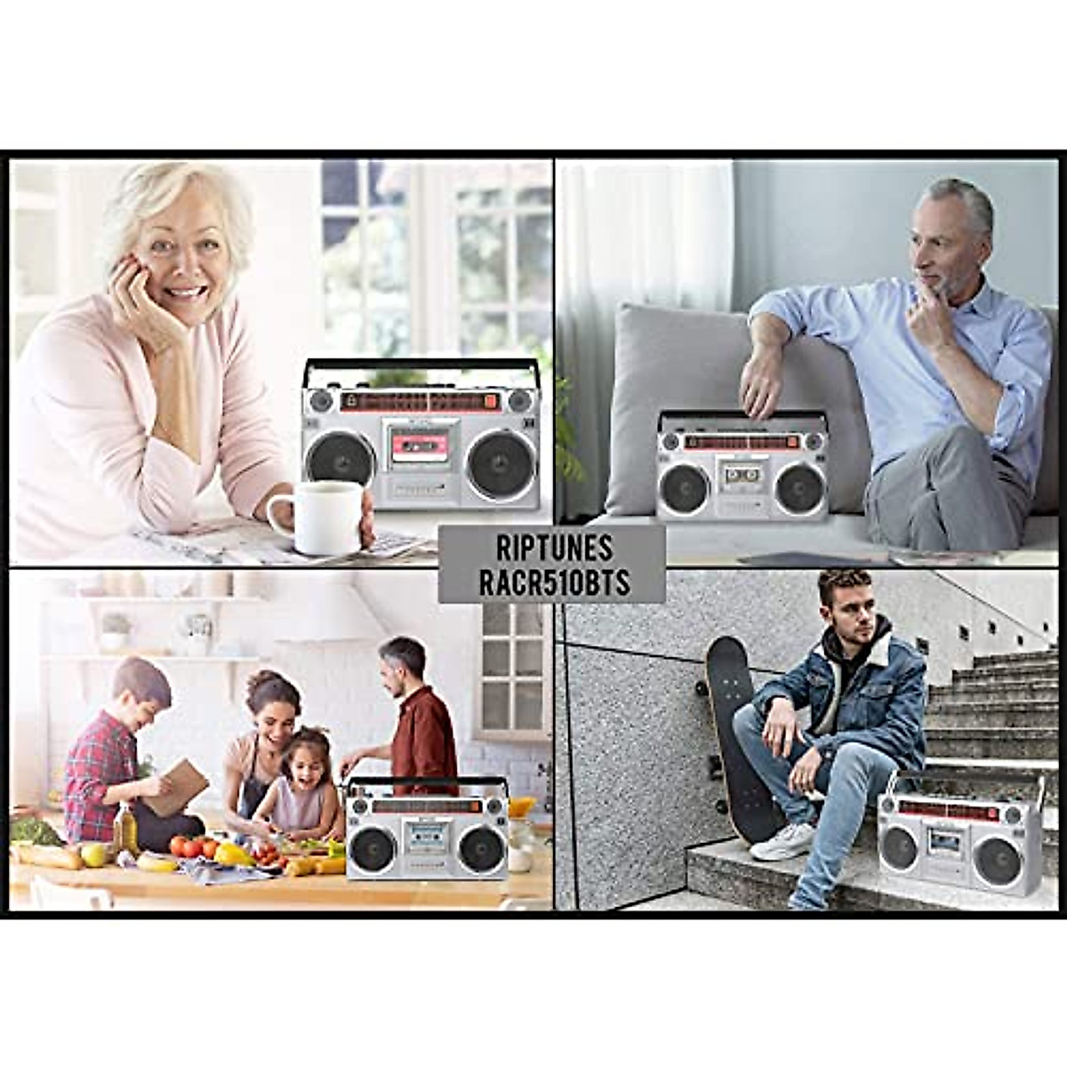 Riptunes Boombox Radio Cassette Player Recorder, AM/FM -SW1/SW2 Radio, Wireless Streaming, USB/Micro SD Slots, Aux in, Headphone Jack, Convert Cassettes to USB/SD, Classic 80s Style Retro, Black