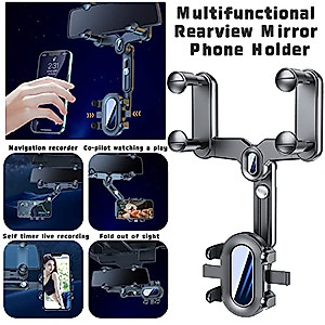 Kaubem Rearview Mirror Phone Holder for Car,Rotatable and Retractable Car Phone Holder,360 Degree Rotating Multifunctional Rear View Mirror Phone Holder Suitable for Most Mobile Phones and Cars