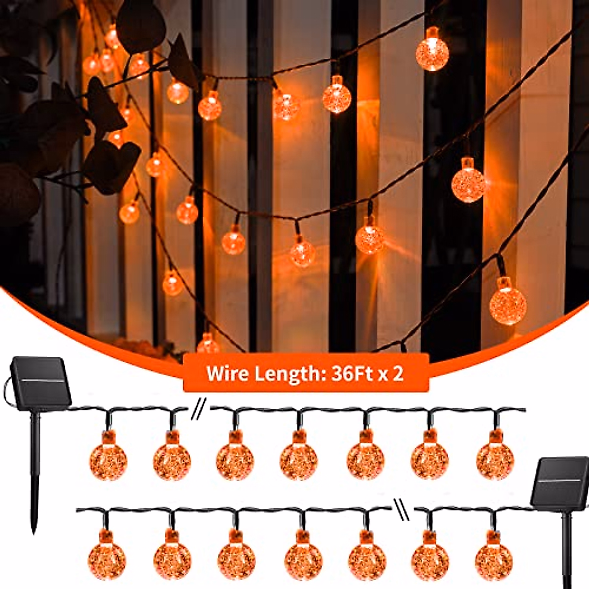 Solar Christmas String Lights Outdoor Waterproof, 2 Pack 60 LED 36.5 FT Each, Crystal Globe Lights with 8 Lighting Modes, Solar Powered Patio Lights for Garden Yard Porch Wedding Party Decor (Orange)