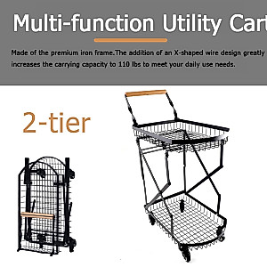 CYJZWOH Multi Use Functional Collapsible Carts, 2-Tier Metal Mobile Folding Trolley Shopping Cart, with Wooden Handle, Lockable Wheels for Office, Living Room, Kitchen, Picnic(Black)