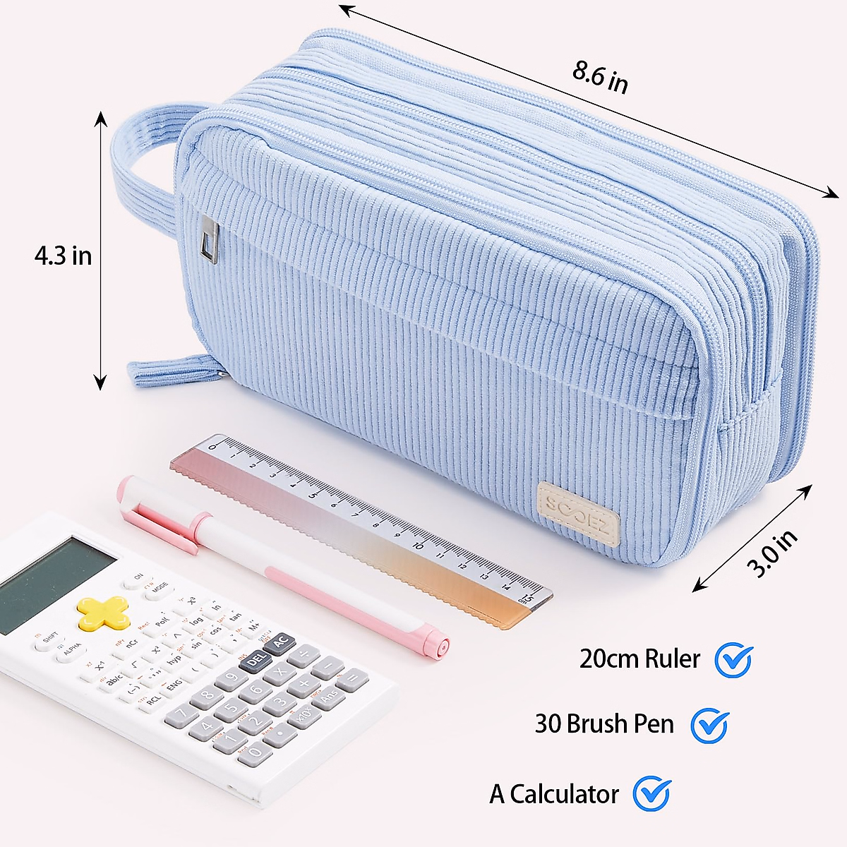 Sooez High Capacity Pencil Case, Soft Corduroy Pencil Pouch with 4 Compartments, Multiple Pockets, Large Pencil Bag with Sturdy Zipper, Cute Pencil Case Pouch Organizer for Student Teen Girls, Blue