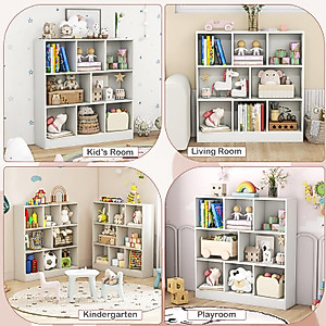 HONEY JOY Kids Toy Storage Organizer, 8-Section Wooden Floor Storage Cabinet, 41” Daycare Toy Chest, 3-Tier Kids Display Bookshelf for Classroom, Playroom & Nursery, Kindergarten (White)