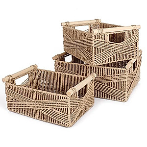 ANMINY 3 Pack Woven Storage Basket with Wood Handles Handmade Natural Paper Rope Decorative Boho Desk Wicker Storage Bins Box Set Nursery Baby Kid Large Meduim Small Shelf Organizer Container - Brown