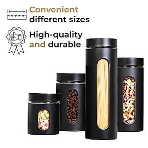 JS Gourmet 4 Pcs Stainless Steel Canisters Set for Kitchen with Glass Window and Airtight Lid, Perfect for Storing Coffee, Spaghetti, Sugar, Beans and Dry Ingredients (Black)