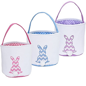 3 PCS Easter Bunny Basket - Canvas Cotton Easter Eggs Basket with Fluffy Tails - Perfect for Girls & Boys Easter Egg Hunts - Easter Baskets for Kids (Pink, Purple, Blue)
