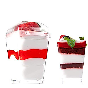 Km Dessert Cups with Lids and Spoons 5OZ Pack of 100 - Clear Tumbler, Plastic Parfait Cups, Tasting Appetizer Bowls, Tall Square Shooters Shot Glasses Mini Dessert Cups - Great for Event and Party