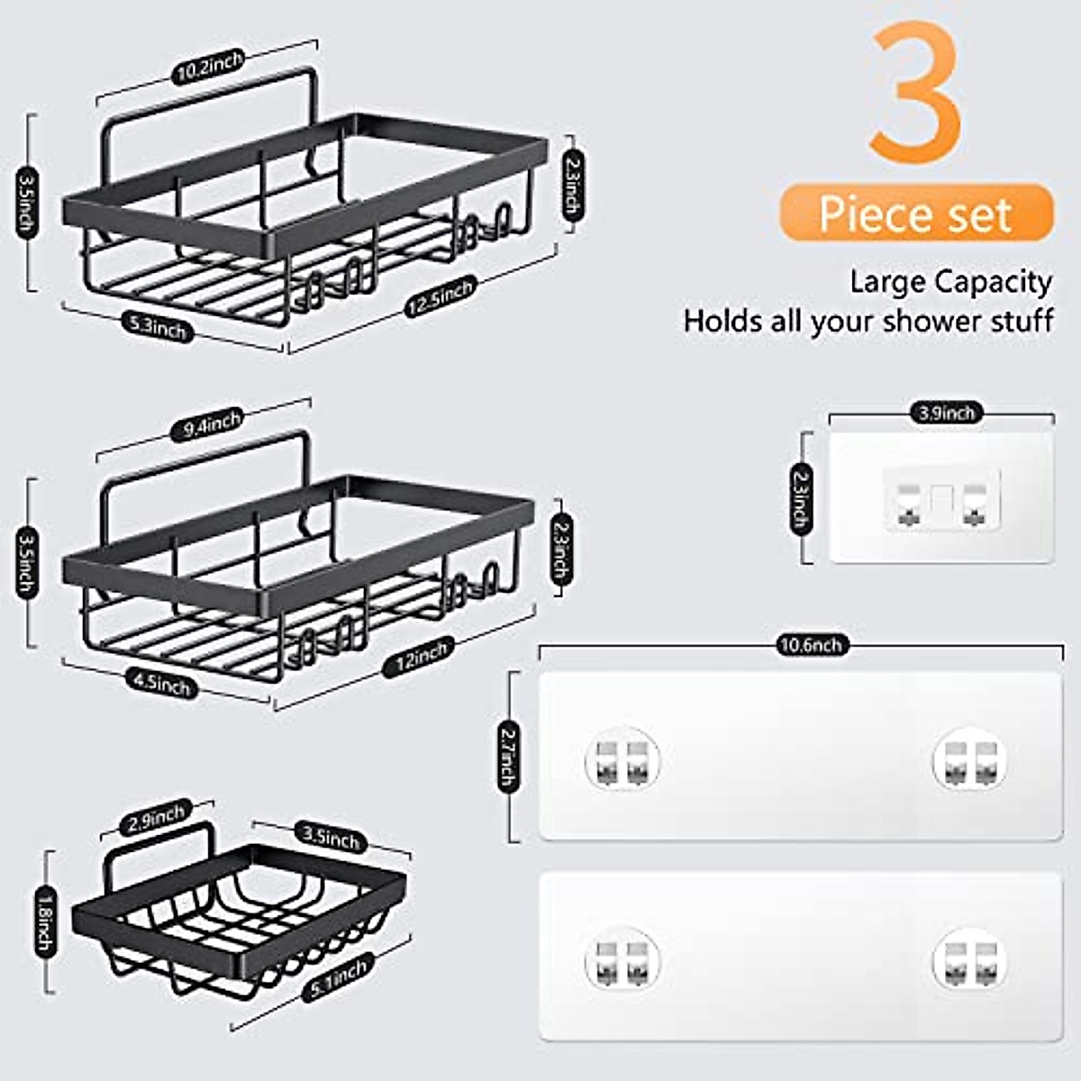 QUIUMES Shower Caddy, Bathroom Organizer Adhesive Shower Shelf [3-Pack], Rustproof Shower Shelves And 10 Hooks, No Drilling Required, Shower Organizer Perfect For Holding Shampoo, Soap And More.