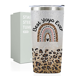 Onebttl Yaya Gifts from Granddaughter, Grandson, Insulated Stainless Steel Wine Tumbler with Lid and Straw, for Grandma on Mother's Day, Birthday, Christmas, Best Yaya Ever, Glitter Silver, 20 oz