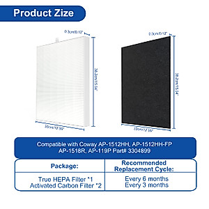 Buyfun AP-1512HH True HEPA Filter Compatible with Coway Airmega 200M, Mighty air purifier AP-1512HH, AP-1518, AP-1519 (1 HEPA +2 Carbon Filters)
