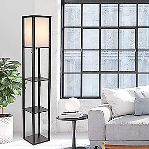 Catalina Lighting 17559-011 Modern Faux Wood Floor Lamp with Shelves and Ivory Linen Shade, 63", Classic Black