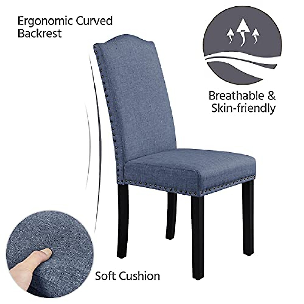 Topeakmart Dining Chair Fabric Upholstered Side Chair with Nailhead Trim and Solid Wood Legs for Home Kitchen and Restaurant, 2PCS, Blue