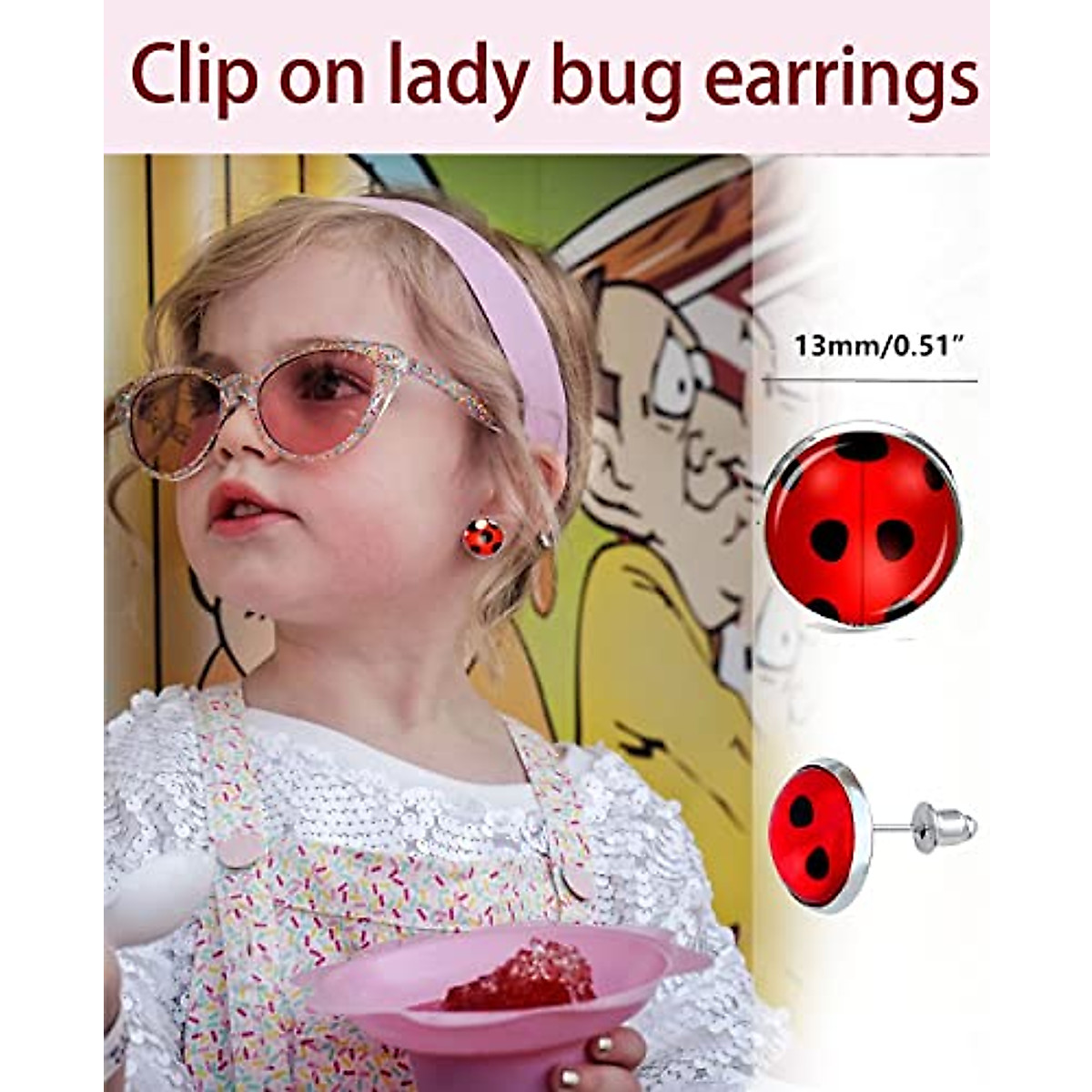 Red Ladybird Girl’s Earring Studs Black Spots Silver Bug Earrings for Halloween Christmas Birthday Cosplay Gifts