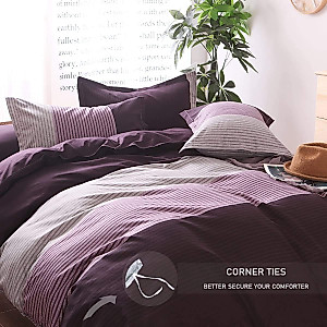 Tenghe Stripe Colorblock Print 3 Pcs Duvet Cover Sets Soft Reversible Bedding Cover Brushed Microfiber Full Queen Size(King,Purple Stripe)
