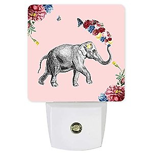 Night Lights Auto Sensor Elephant And Floral Plug-in LED Nightlights Dusk to Dawn for Living Room, Bedroom, Bathroom, Kitchen, Hallway, Stairways, Watercolor Flower Butterfly Pink Blooms