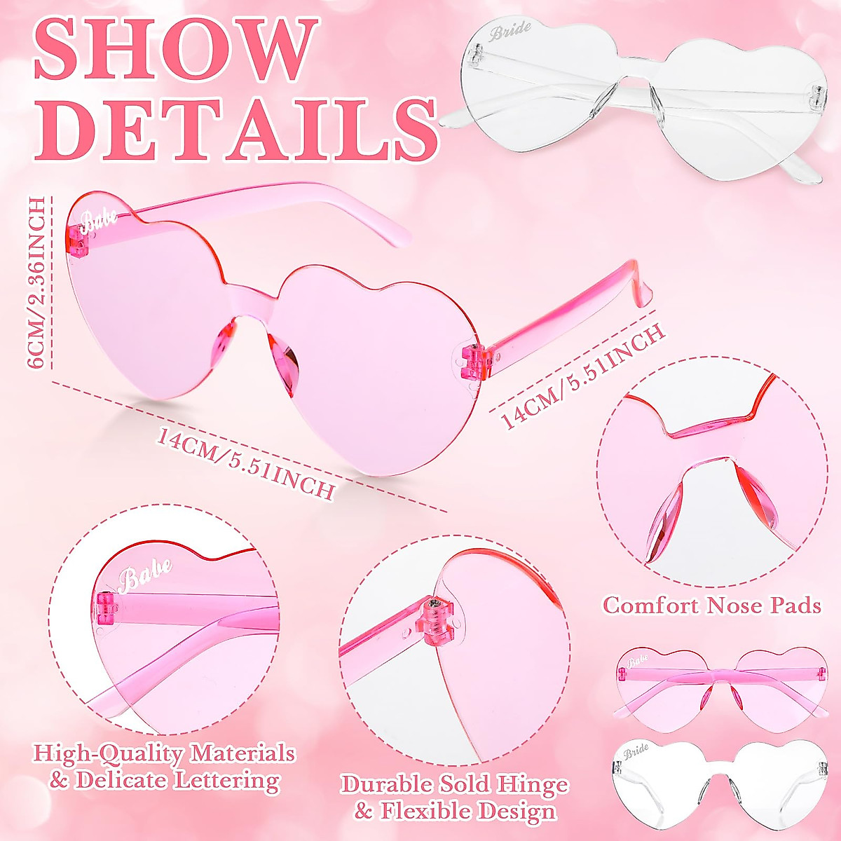 Kanayu 12 Sets Bachelorette Party Decorations Bachelorette Sunglasses Satin Bridesmaid Scrunchies Wristbands for Bridesmaids (Pink, White)