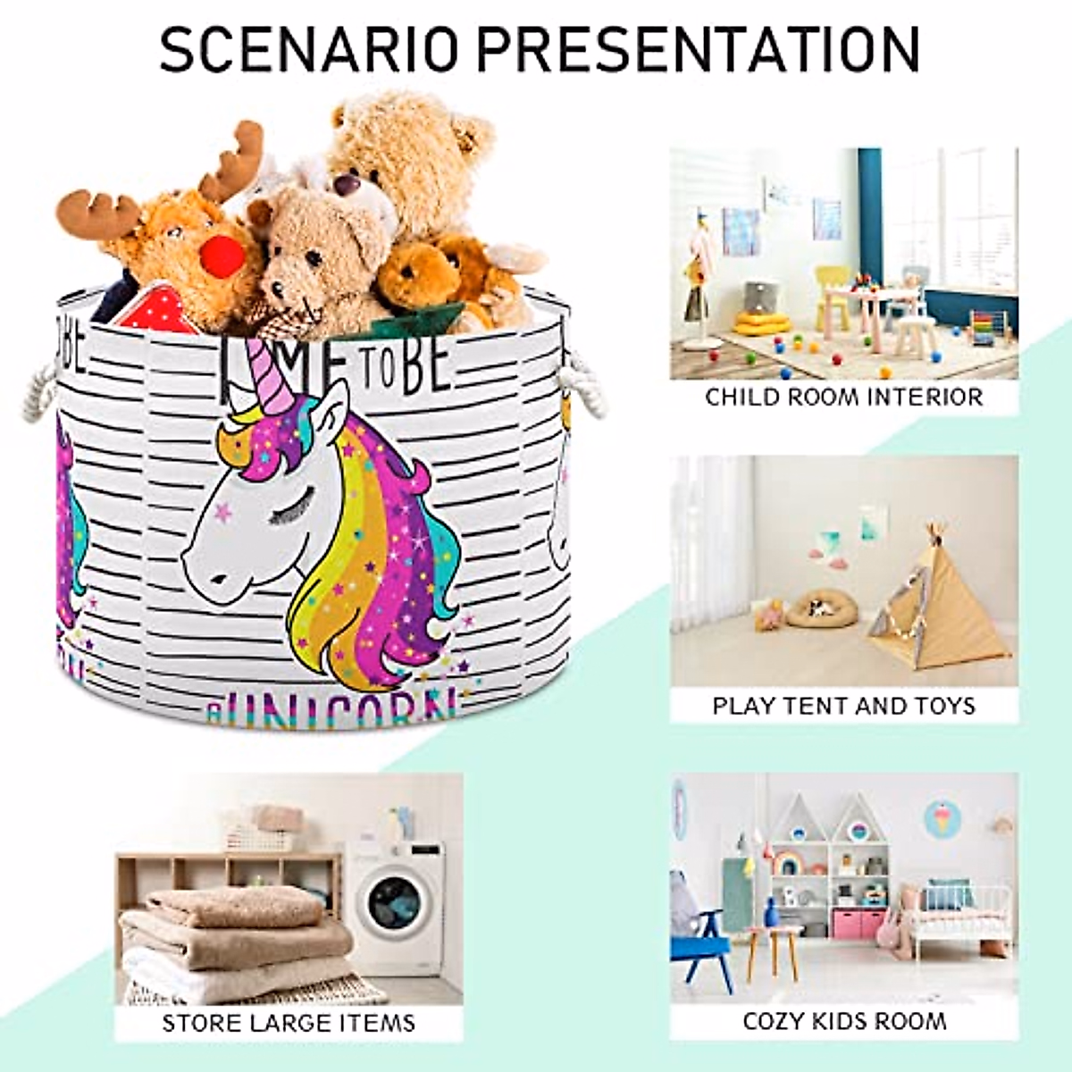 ALAZA Cute Magical Unicorn with Stripes Storage Basket Gift Baskets Large Collapsible Laundry Hamper with Handle, 20x20x14 in