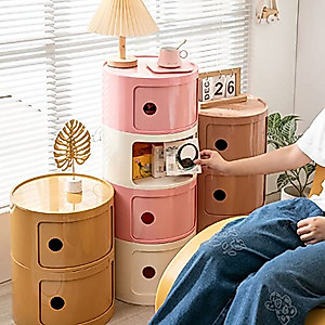 Round Bedside Table 2/3/4 Tier Plastic Nightstand Storage Unit Chest W/Drawers & Sliding Door Nordic Modern Bedside Cabinet for Bedroom