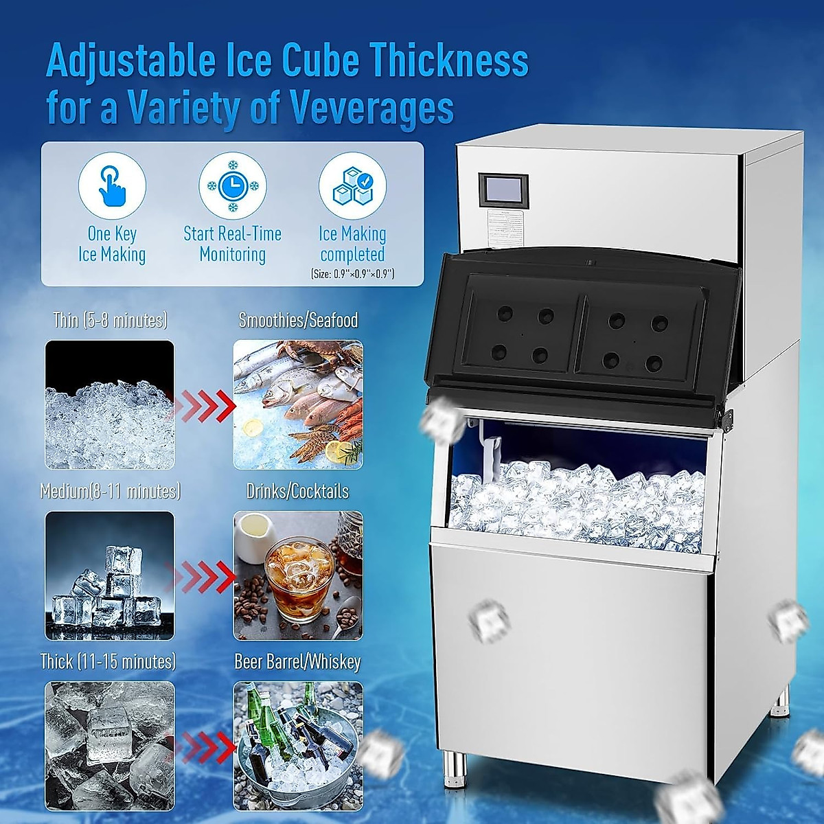 Zstar 600LBS/24H Commercial Ice Maker Machine, Freestanding Large Ice Maker with 350LBS Ice Storage Bin, Ice Ready in 5-15min, Stainless Steel Industrial ice Machine for Commercial Restaurant Cafe Bar