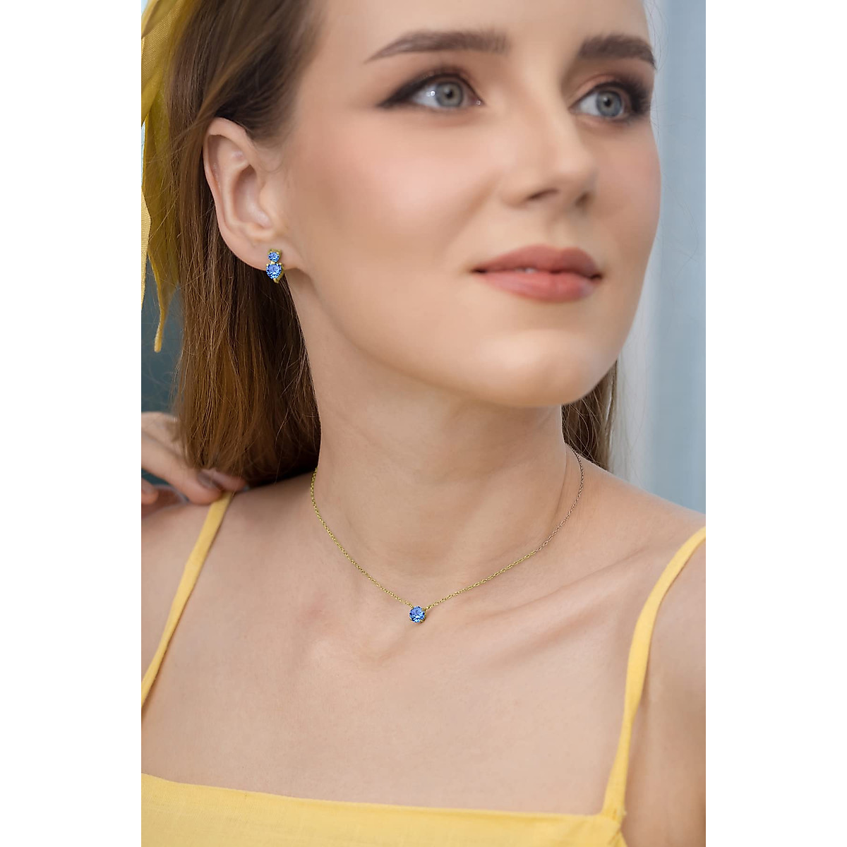 B. BRILLIANT Blue Necklaces for Women Yellow Gold Flashed Sterling Silver Royal Crystal Solitaire Chokers for Bridesmaids Fashion Trendy Summer