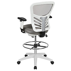 Flash Furniture Tyler Mid-Back Light Gray Mesh Ergonomic Drafting Chair with Adjustable Chrome Foot Ring, Adjustable Arms and White Frame