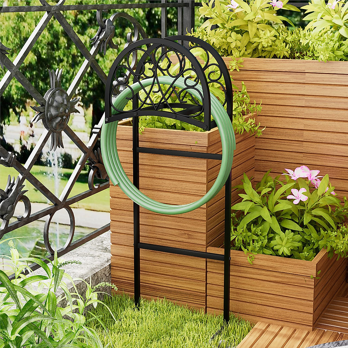 Dosker Heavy Duty Garden Hose Reel Storage Rack - Metal Standing Hose Holder for Expandable, Pocket, Magic, Flexible Hoses in Backyard