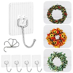 AccEncyc Adhesive Wall Hook, 10Pcs Heavy Duty Adhesive Hooks Strong Stick On Wall Hooks, Stainless Curtain Hook Wreath Door Hanger for Holiday Deco