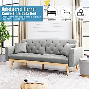 AWQM Convertible Sofa Bed, Fabric Linen Folding Futon Sofa Bed,Upholstered Loveseat Futon Couch Bed,Adjustable Couch Sleeper w/Wood Legs,Pull Out Couch for Small Space, Living Room,Office,Light Grey