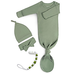 Newborn Baby Knotted Gown, Super Soft Silky Infant Long Sleeve Sleeper for Baby Girl and Boy Sleeping Bag with Mittens and Hat & Bowknot Set (Extra Long)