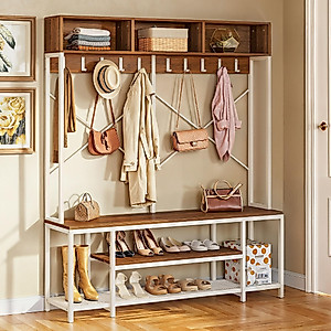 YITAHOME Entryway Bench with Coat Rack, 5-in-1 Hall Tree with Shoes Storage, Industrial Freestanding Coat Rack Shoe Bench with Storage Shelves, 10 Hooks for Hallway, Bedroom, Walnut/White