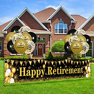 Retirement Party Decorations Black Gold Happy Retirement Banner and 18pcs Happy Retirement Balloons for Men and Women Large Black Gold Retirement Yard Sign for Retirement Party Supplies