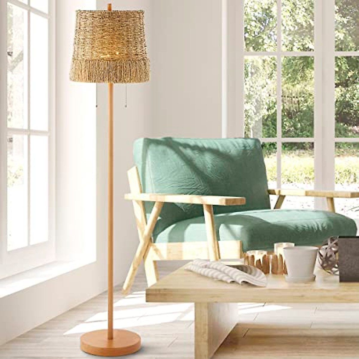 JONATHAN Y JYL3091A Ocata 61" 2-Light Coastal Bohemian Iron/Rattan LED Floor Lamp with Pull-Chain Farmhouse, Rustic Standing Reading Lamp LED Bulb Included, Brown Wood Finish