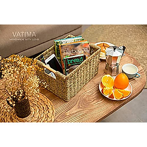 Large Wicker Storage Basket with Wooden Handles, Seagrass Baskets for Shelves, Natural Basket with Handle