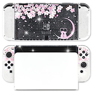BelugaDesign Sakura Cat Glitter Case | Moon Heart Pink Cherry Blossom Japanese Anime Shell | Compatible with Nintendo Switch OLED | Dockable Crystal Protective Cover (Switch OLED, Clear Pink)