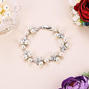 EVER FAITH Women's CZ Cream Simulated Pearl Floral Leaf Wedding Bride Tennis Bracelet White Silver-Tone