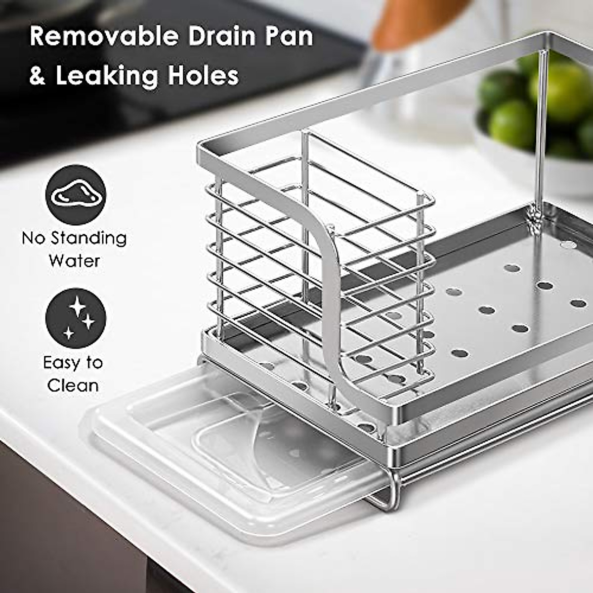ODesign Sink Caddy, Large Kitchen sink Organizer Caddy Sponge Scrubber Brush Dishrag Dishcloth Holder Rack with Drain Pan Tray Countertop Stainless Steel Rustproof