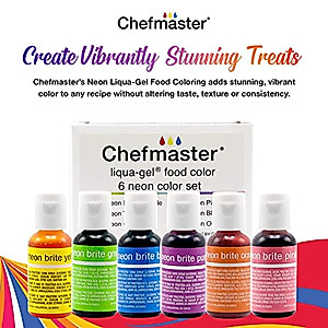 Chefmaster - Neon Liqua-Gel Food Coloring - Fade Resistant Food Coloring - 6 Pack of 20ml Bottles - Stunning, Vivid Colors with Lightweight and Easy-To-Blend Formula - Made in the USA