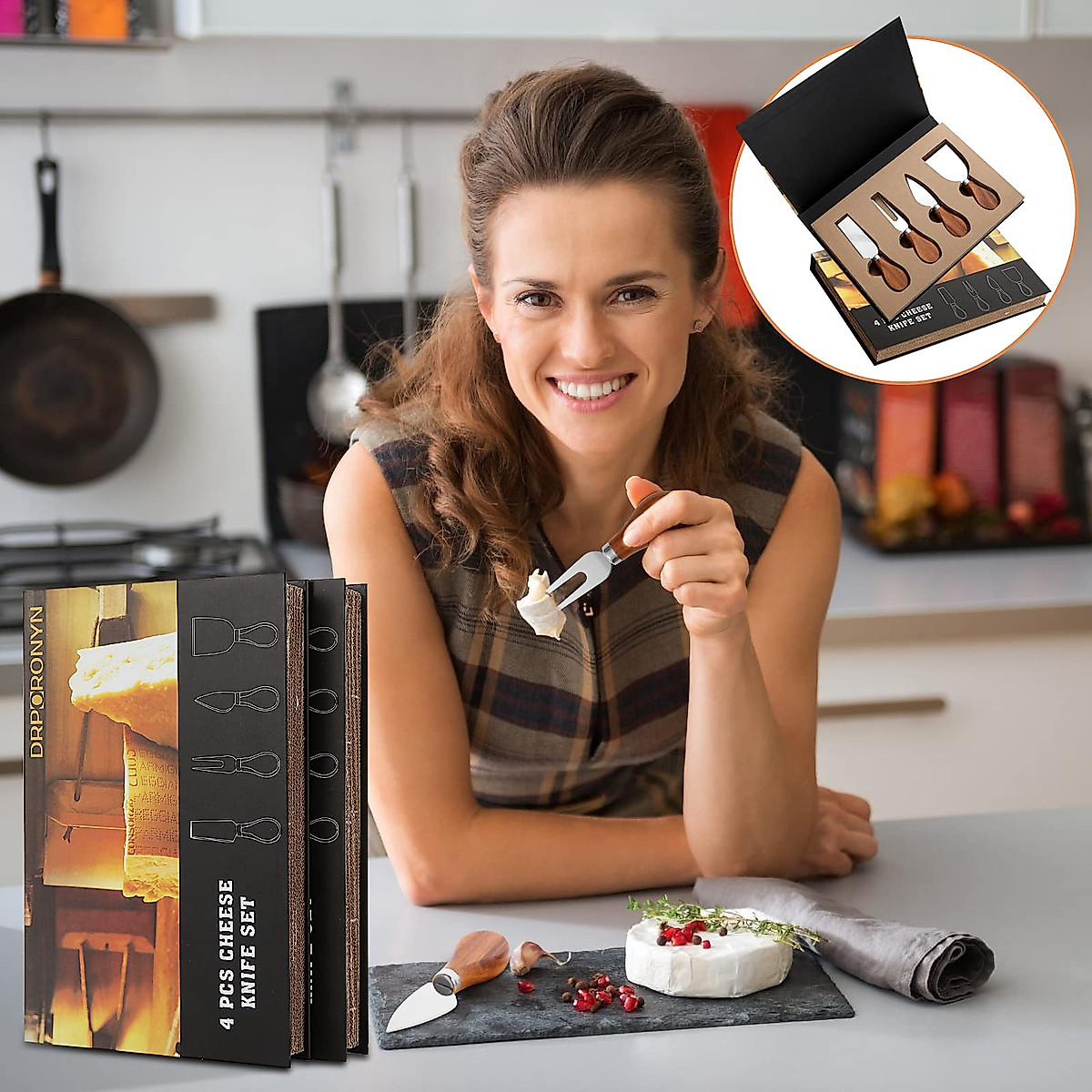 DRPORONYN Cheese Knife Set, Cheese Knives For Charcuterie Board, Stainless Steel 4-Piece Cheese Cutter (Original Aacia Handle) Gift Ready