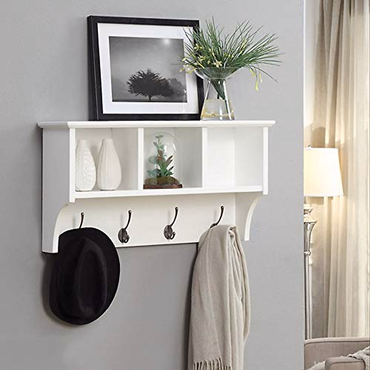 PIBM Stylish Simplicity Shelf Wall Mounted Floating Rack Wooden Wooden Storage Shelves Collection 4 Hooks/ 5 Hooks,2 Colors Avaliable, White , 85X35X18cm