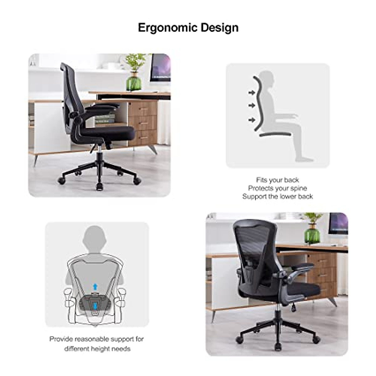 BRTHORY Office Chair Height-Adjustable Ergonomic Desk Chair with Lumbar Support, Breathable Mesh Computer Chair High Back Swivel Task Chair with Flip-up Armrests - Black