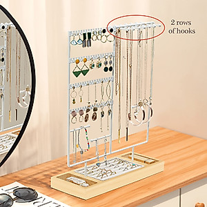 ProCase Jewelry Organizer Stand Earring Holder Organizer, 6 Tiers Earring Organizer Tree Necklace Rack Jewellery Tower Bracelets Holder Storage with Removable Wooden Ring Tray for Women Girls -White