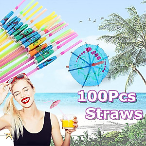 QUMENEY 100PCS Umbrella Drinking Straws, Plastic Party Drink Straws, Tropical Hawaiian Flexible Bendy Cocktail Straws Beach Luau Bar Birthday Decorations Supplies for Drinkware